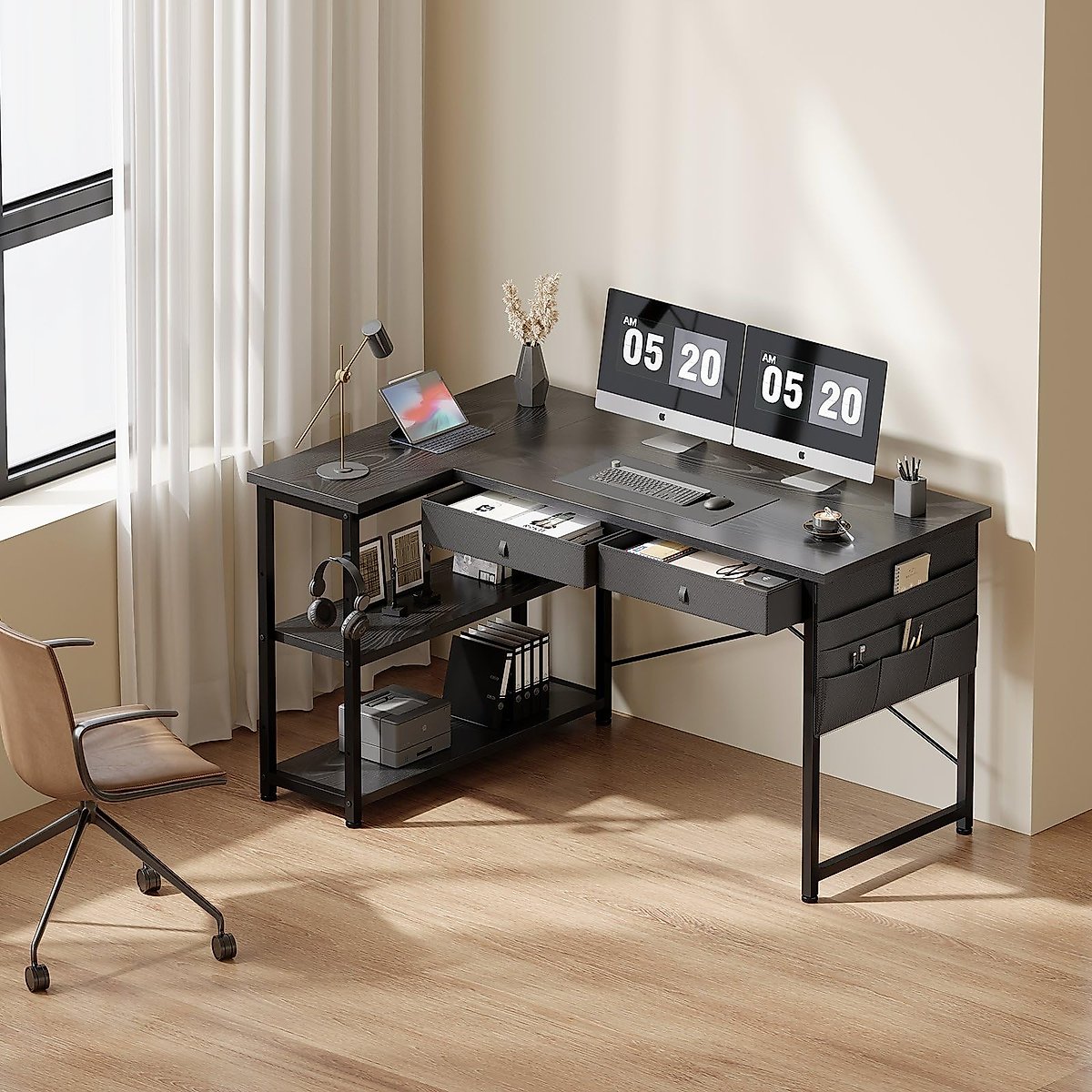 Ｍａｉｈａｉｌ Maihail Home Office Desk with Drawers and Shelves, 47” Computer Corner Desk for Small Space, Small L Shaped Desk with Side Storage for Bedroom, Black