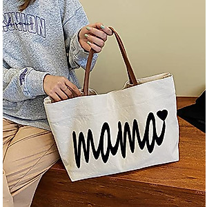 D DASAWAN Canvas Mama Tote Bag - Reusable Grocery Mom Bag for Mother’s Day Gifts,Mom Birthday Presents,Shopping,Travel