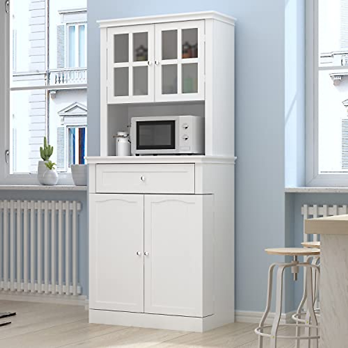 ECACAD Kitchen Pantry with 4 Doors, Drawer & Adjustable Shelves, Wood Storage Cabinet with Acrylic Doors, Freestanding Kitchen Cupboard Floor Cabinet for Living Room, White (29.9”W x 16.9”D x 72.3”H)
