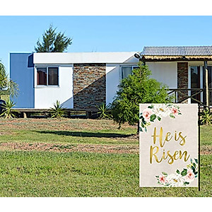 Easter Cross Garden Flag He is Risen Religious Yard Outdoor Decor 12.5 x 18 Inch Double Sided Burlap Spring Flowers Holiday Decorations