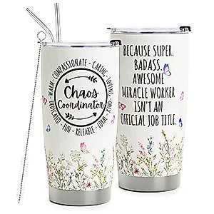 HOMISBES Chaos Coordinator gifts - Chaos Coordinator Travel Mug with Straw for Mom Coworker Boss Manager Employee - Stainless Steel Tumbler Cup 20oz