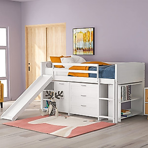 MERITLINE Twin Loft Bed with Slide, Kids Loft Bed with Storage Shelves and Drawers, Wood Low Loft Bed with Cabinet, Twin Size Loft Bed Frame for Living Room, Bedroom (White, New)
