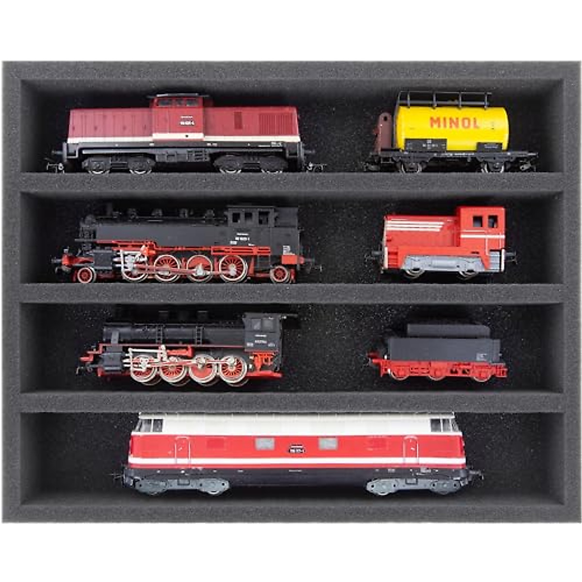 Feldherr Storage Box FSLB055 for Model Railway locomotives, Wagons and Vehicles - 4 Slots for H0 Gauge Horizontal, Amount:2 pcs.