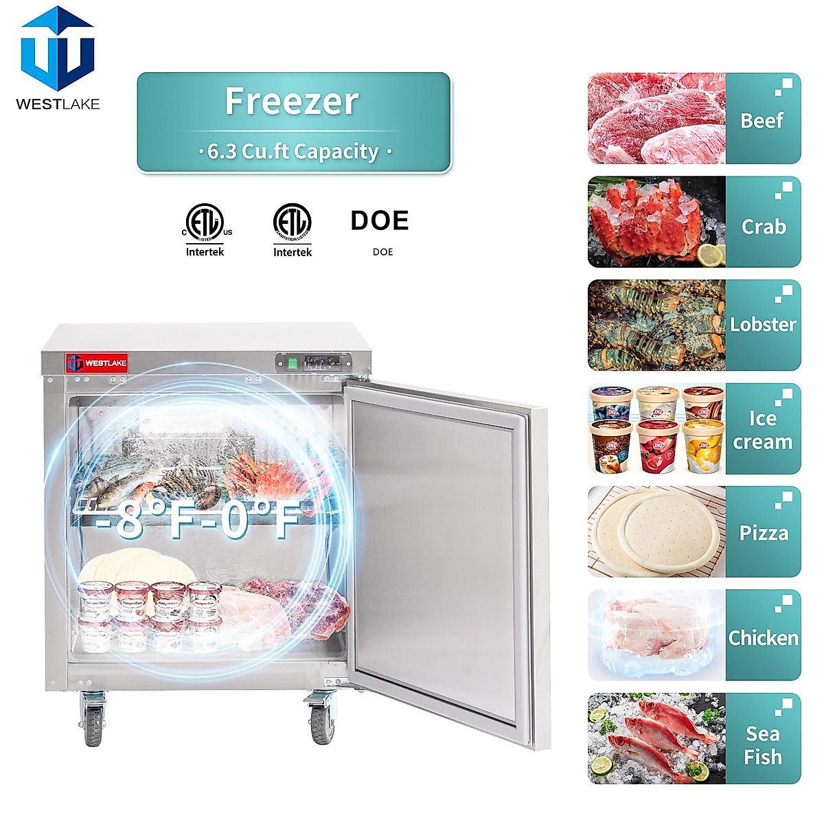 WESTLAKE 28" W Commercial Freezer Worktop Undercounter Freezer 6.4 Cu.ft Single Door Stainless Steel Counter Fan Cooling Freezer Food Prep Station for Restaurant, Bar