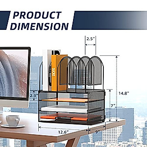 DALTACK Paper Desk Organizer, 3-Tier Letter Tray with 5 Vertical File Holders, Multifunction Desk Organizer, Desktop File Folder Organizer, Desk Organizers and Accessories for Home Office, Black