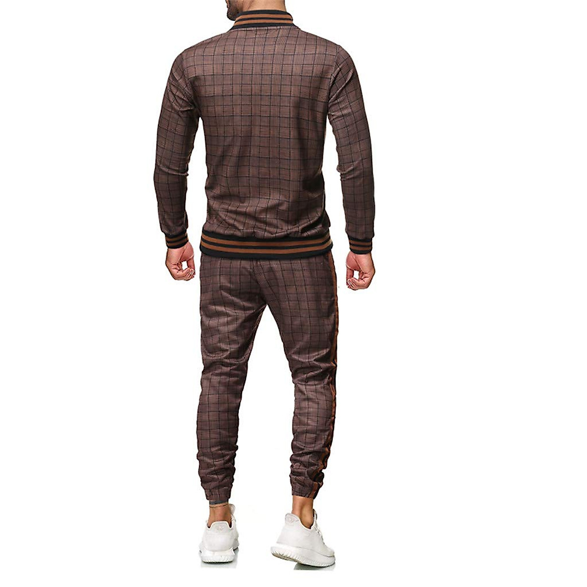 VEZAD Store Mens Plaid 2Pc Zipper Tracksuit,Autumn Printed Sweatshirt Top Pants Sets Sports Suit Tracksuit