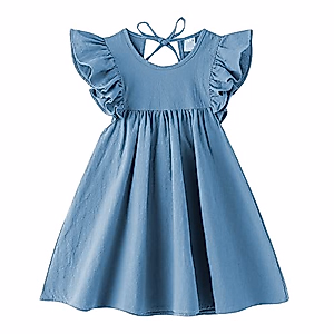 Dutebare Toddler Baby Girl Dress Cotton Linen Ruffle Halter Sleeveless Dresses Kids Summer Sundress Blue 80