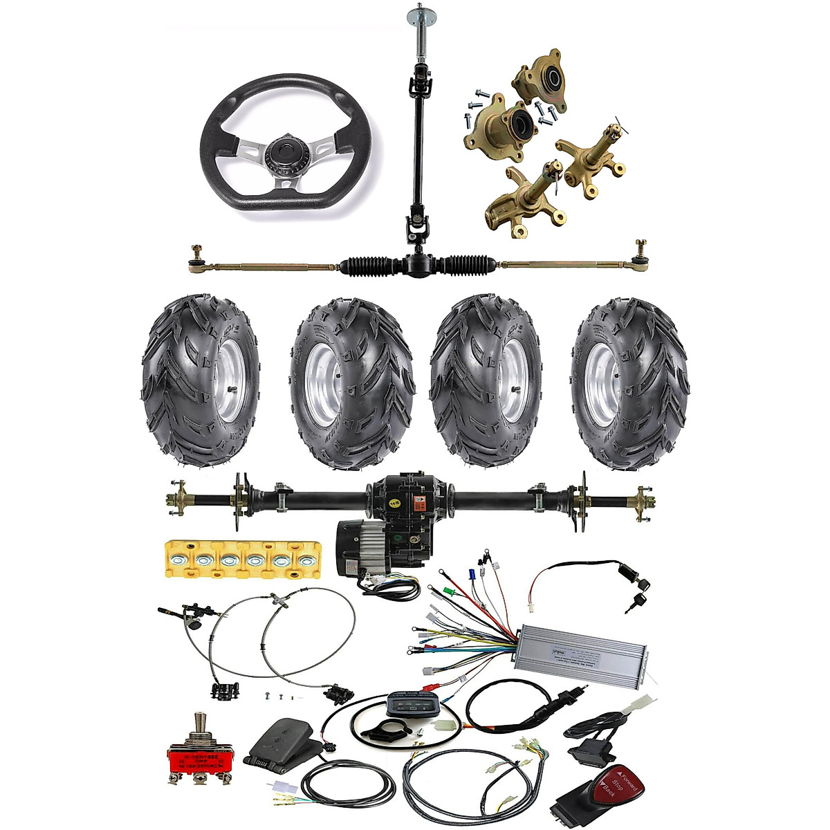 YC Yier 34" Go Kart Rear Axle Kit & 48V 1000W Electric Brushless Motor Controller Differential & 16x8-7" Wheels Tires + Front Steering Shaft for ATV Quad Buggy 4 Wheelers Dolly Cart Trike Tricycle