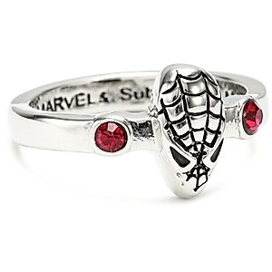 Marvel Comics Spider-Man Face with 2-Red Crystal Bead Ring, Size 7.5