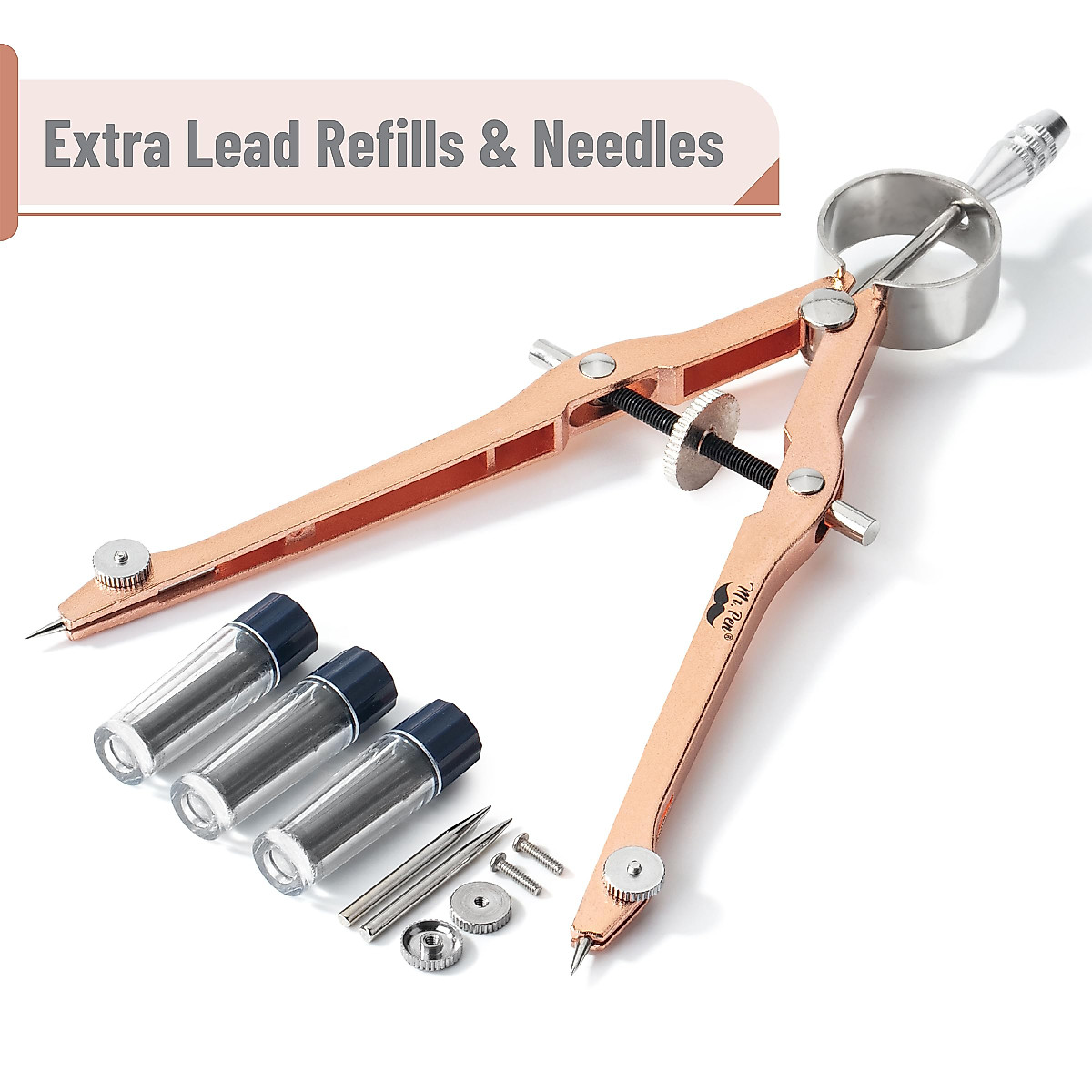 Mr. Pen Professional Geometry Compass - Rose Gold, Metal with Lock, Drawing & Drafting Compass - Extra Leads Included