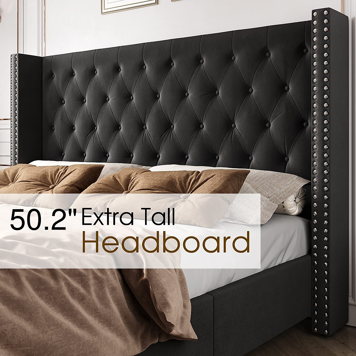 PaPaJet Bed Frame Queen Size Upholstered Bed Velvet Low Profile Platform Bed with Raised Wingback Headboard/No Box Spring Needed/Easy Assembly/Black