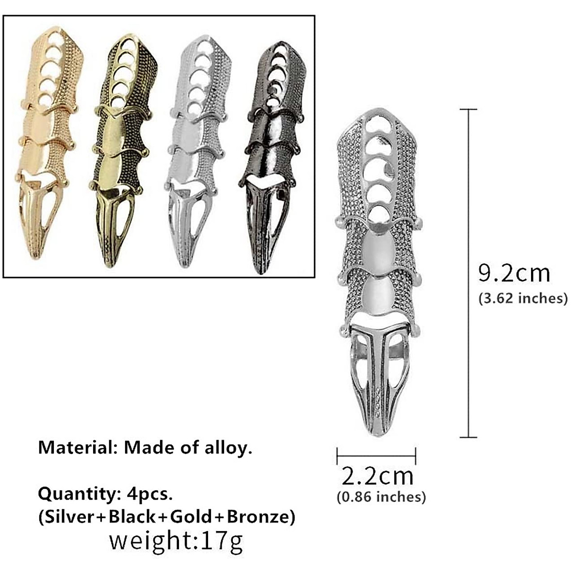 DEBOTTY Punk Finger Claws Rings Set for Women Men Gold Black Silver Bronze Knuckle Full Finger Ring Punk Gothic Ring (4pcs Silver+Black+Gold+Bronze)