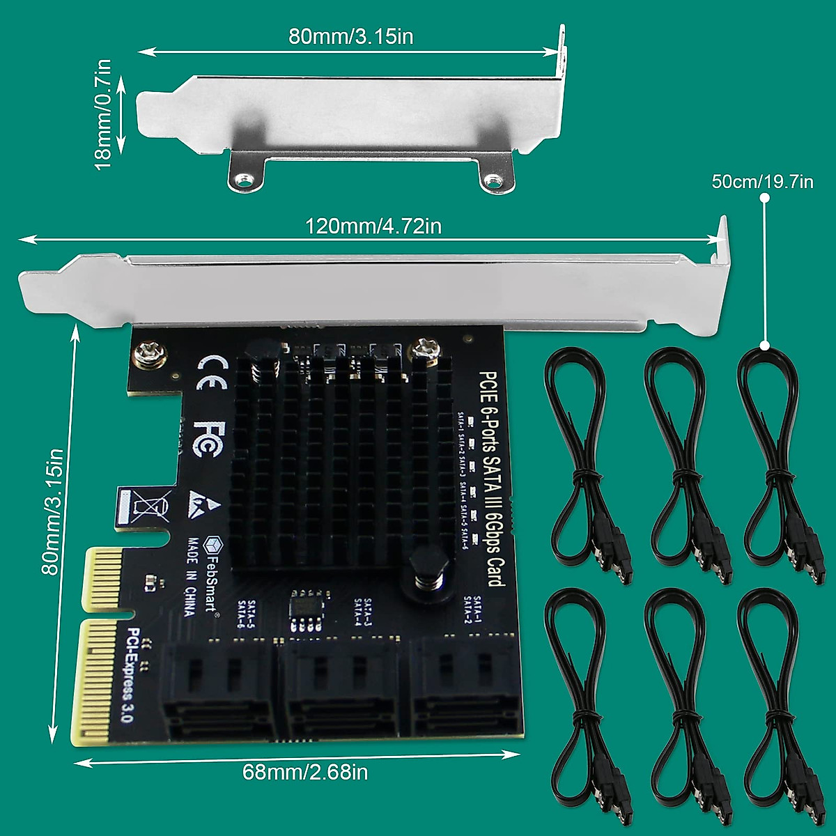 FebSmart PCIE to 6-Ports 6Gbps Max Speed SATA III Expansion Card for Desktop PCs, Plug and Play on Windows OS MAC OS Linux System, ASMedia ASM1166 None-Raid PCIE SATA III Host Controller (FS-S6-Pro)