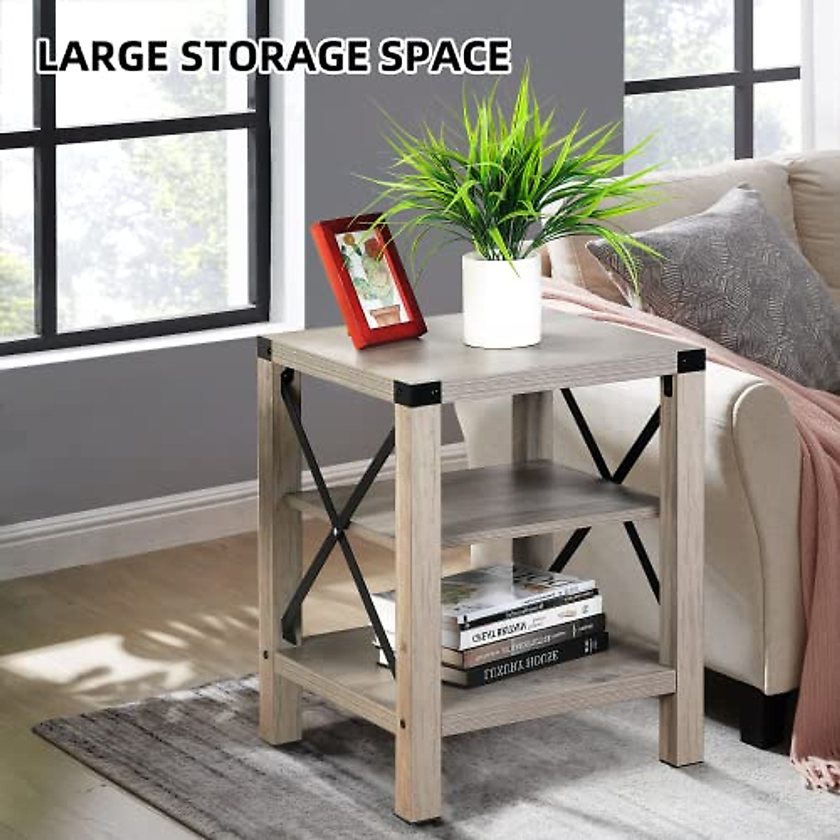 IDEALHOUSE Farmhouse End Table 18.1" Sofa Side End Table for Living Room 3-Tier Industrial Gray Storage Nightstand Table with Removable Middle Shelf (Used as 2-Tier Table) Easy Assembly X Metal Frame