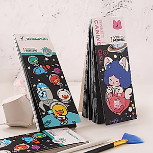 40 Card Rainbow Sparkle Scratch Painting Note, Hand-Eye Coordination Art&Crafts, Mini Magic Scratch DIY Graffiti Creative Bookmarks Gift for Kids&Adults, 8.5''x3.2'' (Canine Girl/Duckbill Baby Space)