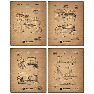 Bigwig Prints John Deere Patent Wall Art - Vintage Tractor and Plow Prints, Farmhouse Decor, Antique Tractor Posters, Rustic Wall Art for Home or Office - Unframed Set of 4 (8x10")