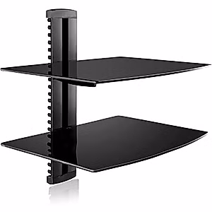 suptek Speaker Mount, Floating Glass Shelf Wall Mount Bracket for DVD Players/Cable Boxes/Games Consoles/TV Accessories, 2 Shelves, Black CS202