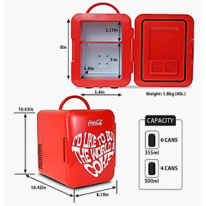 Coca Cola World 1971 Series Portable 6 Can Thermoelectric Mini Fridge Cooler/Warmer, 4 L/4.2 Quarts Capacity, 12V DC/240V AC for Home, Dorm, car, Boat, Beverages, Snacks, Skincare, Cosmetics