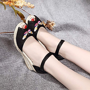 Singles Shoes Sandals for Women Retro Linen Canvas Wedge Round Toe Casual Sandals Walk Shoes Black