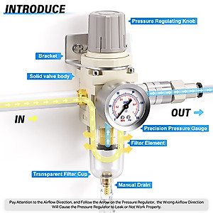 TAILONZ PNEUMATIC 1/4 Inch NPT Air Filter Pressure Regulator Combo Piggyback, Air Tool Compressor Filter with Gauge AW2000-02