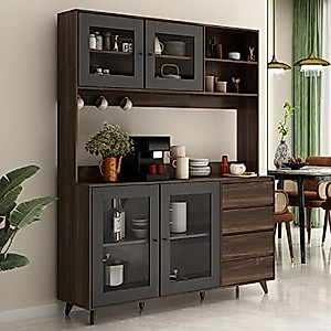 DiDuGo Kitchen Hutch Storage Cabinet with Glass Doors, Pantry with 4 Drawers & Shelves, Hanging Hooks, Metal Legs, for Hallway Deep Walnut (62.9”W x 15.7”D x 74.8”H)