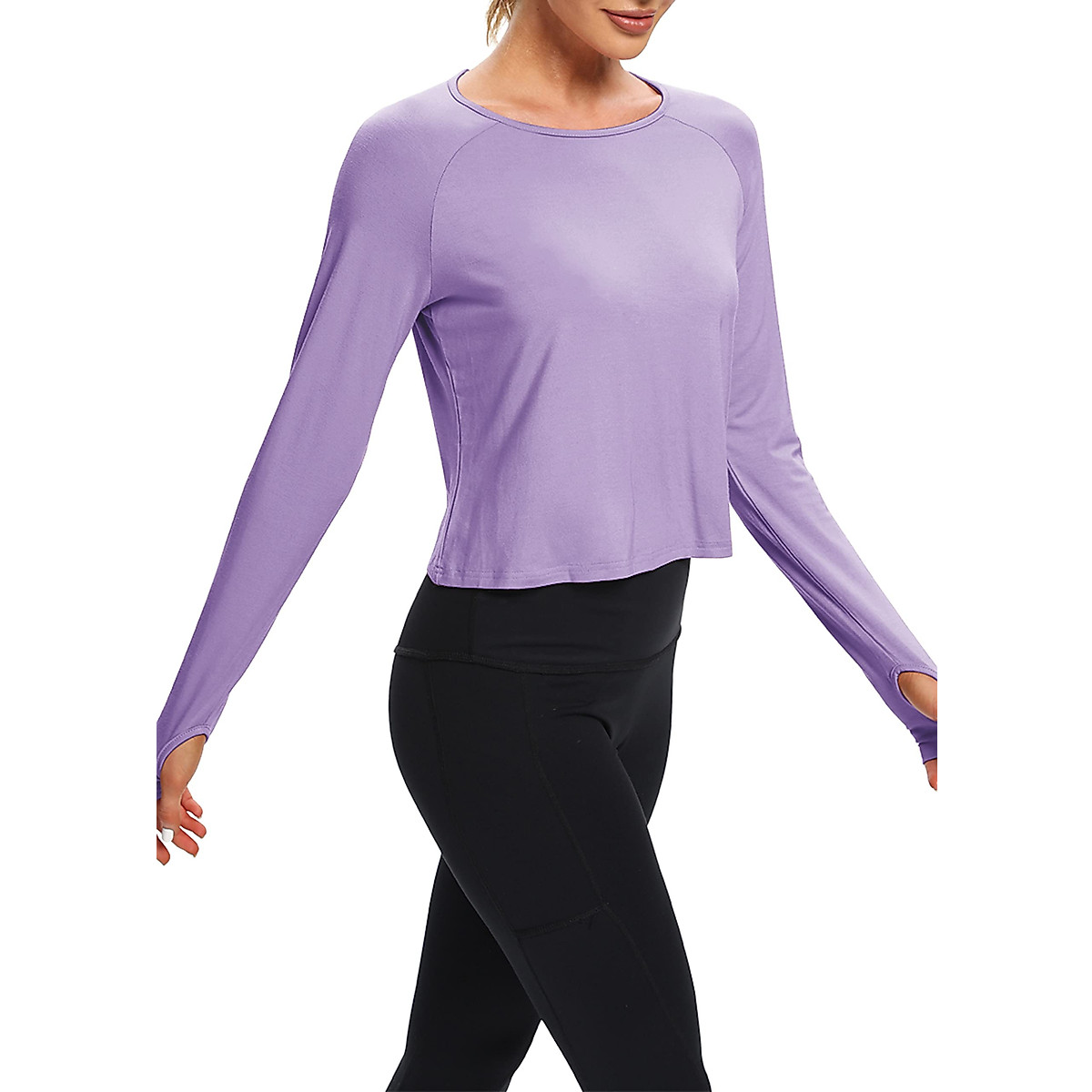 Bestisun Women Athletic Workout Dry Fit Long Sleeve Open Back Workout Shirts Yoga Top Gym Shirt Cropped Sweaters Light Purple M
