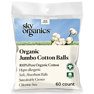 Sky Organics Organic Jumbo Cotton Balls for Sensitive Skin, 100% Pure GOTS Certified Organic for Beauty & Personal Care, 60 ct.