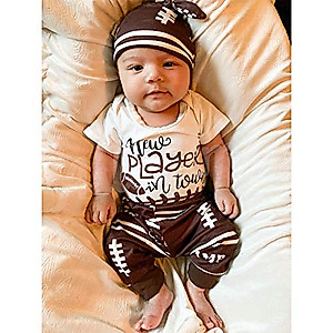 Aslaylme Newborn Baby Boy Clothes Coming Home Outfit New Player in Town Football Romper (Brown, 0-3 Months)
