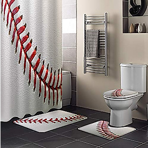 4 Pieces Bathroom Shower Curtain with Mats Set Sports Baseball Texture Closeup Background,Non-slip Bath Rugs Toilet Lid Cover U-shaped Carpet,Red and White Lines Laces Doormats Waterproof Curtains
