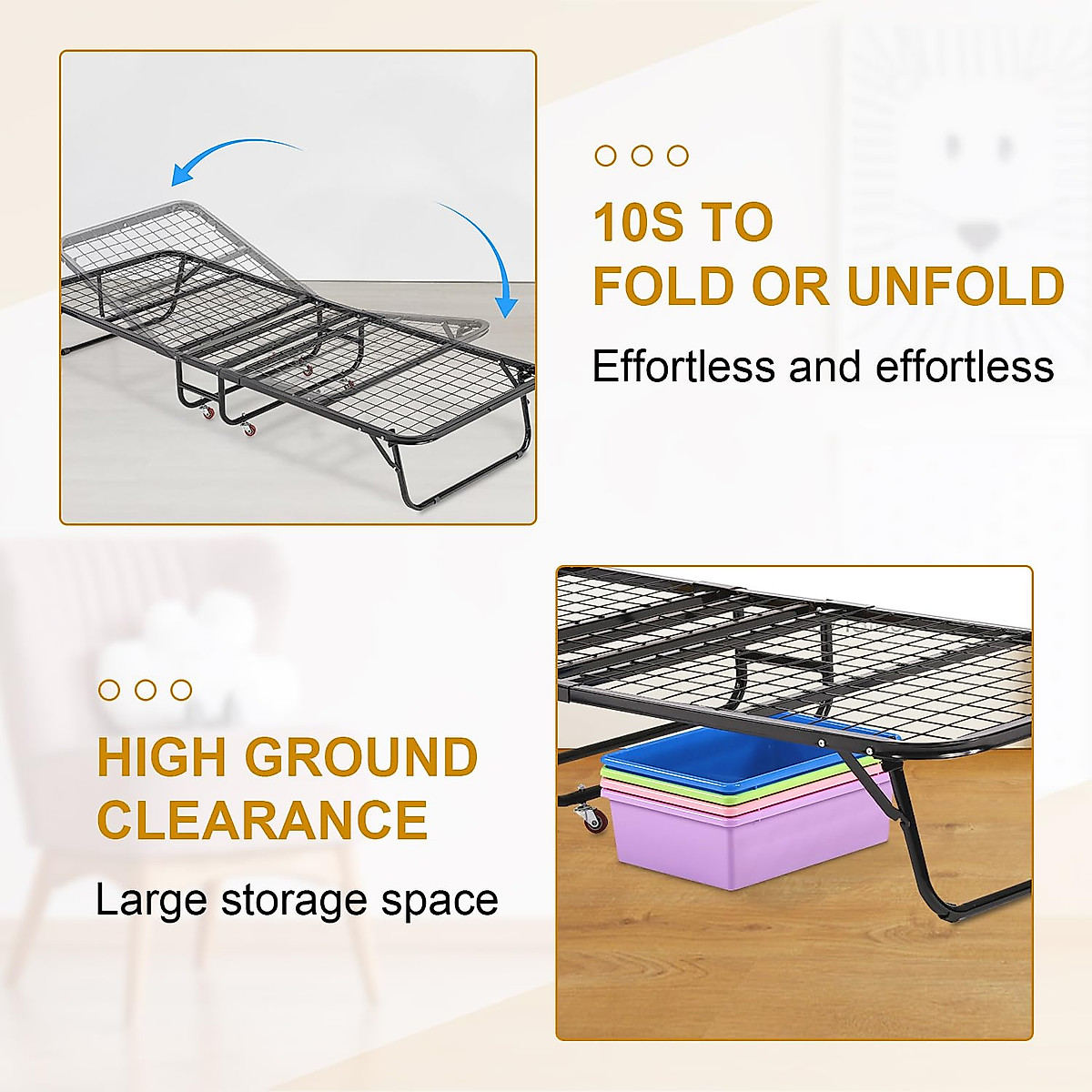 Twin Folding Bed Rollaway Portable Guest Bed Cot Space Saving Bed Frame No Assembly Sturdy Folding Cot with Mattress Wheels for Office Bedroom Guest Camping, White