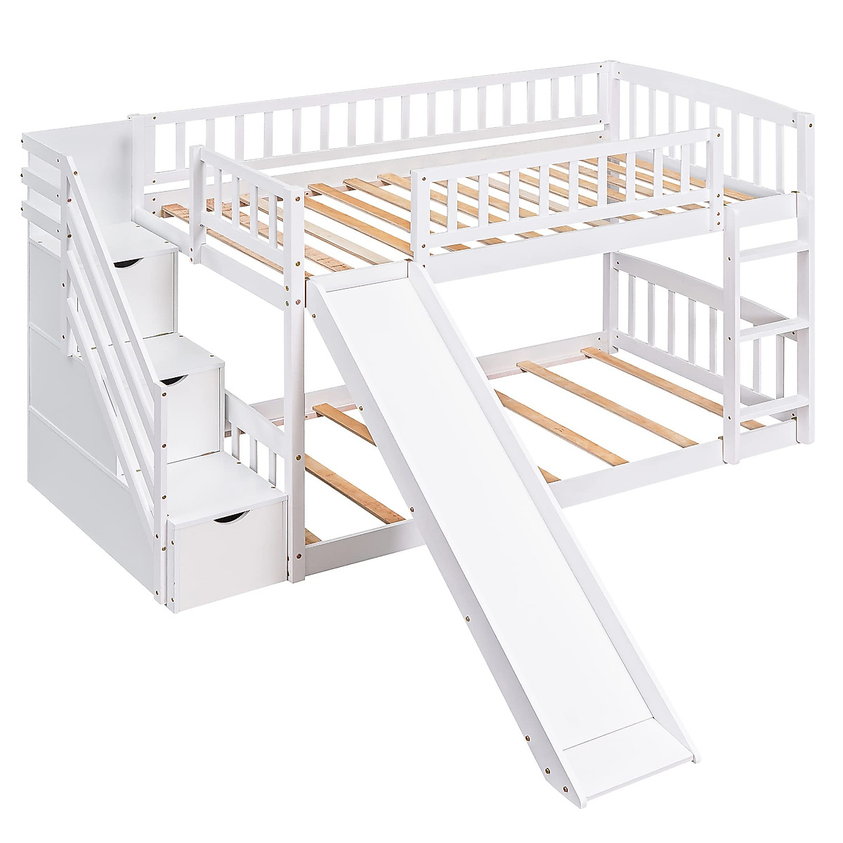 Harper & Bright Designs Twin Over Twin Bunk Bed with Slide and Guardrail, Floor Bunk Bed with Stairway/Two Drawers/Handrail, Space-Saving Bedroom Dormitory Furniture (White)