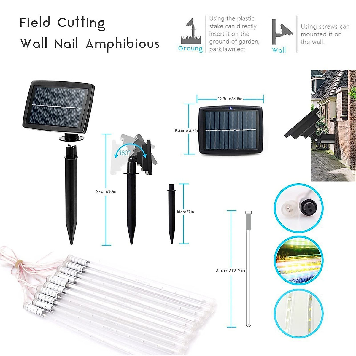 Krfnmy Solar Meteor Shower Light 11.8 Inch 10 Tubes 360led Raindrop Light Holiday Wedding Home Garden Decoration Waterproof Light (White/Color)