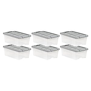 Amazon Basics 12 Quart Stackable Plastic Storage Bins with Latching Lids- Clear/ Grey- Pack of 6