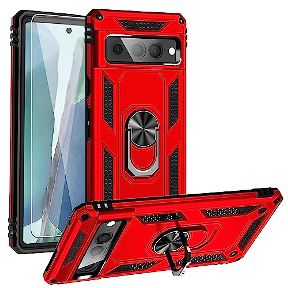 SunRemex for Google Pixel 7 Pro Case with Invisibility Screen Protector, Magnetic Ring Holder Kickstand,[Military Grade] 20ft. Drop Tested Protective Phone Case for Google Pixel 7 Pro (Red)