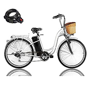 Electric Cruiser Bike with Basket Male Electric Bike for Adult Electric Bicycle Ebike 18-22MPH City Commuter Ebike High Brushless Gear Motor 6-Speed Gear Step Thru Ebikes for Female