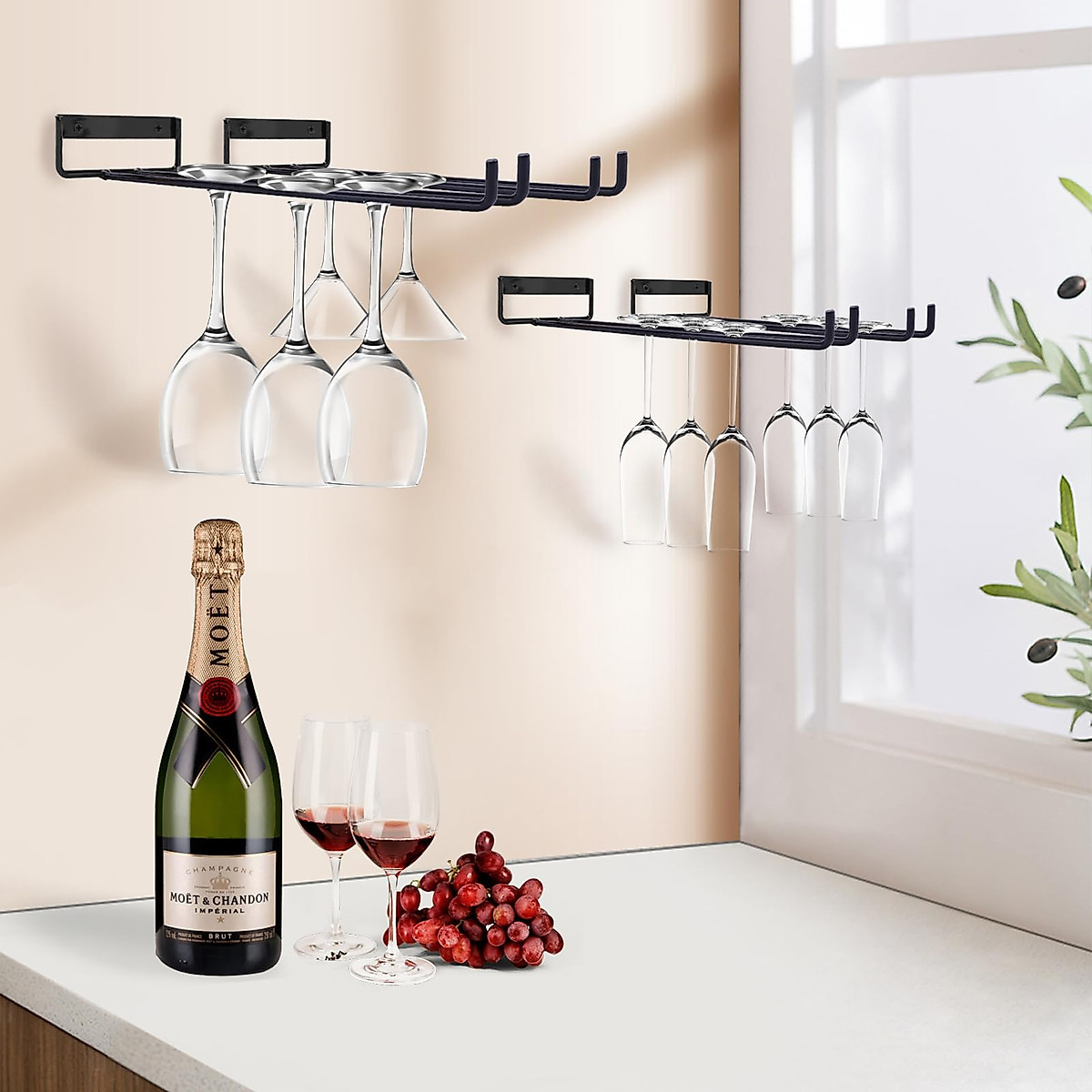 Set of 4 Stemware Wine Glass Hanging Rack, Metal Wine Glass Holder Under Cabinet Organization and Storage for Kitchen Bar Decor
