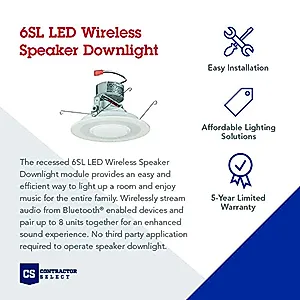 Lithonia Lighting 6SL RD 07LM 3000K 90CRI MW 6-Inch Dimmable LED Module with Integrated Wireless Bluetooth Speaker, 720 Lumens, 120 Volts, 13 Watts, Wet Listed, Matte White