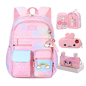 Jcobvig Rainbow Backpack For Girls Kids,Cute Student School Backpack With Pen Bag,Pink Aesthetic Starry Rainbow Laptop Travel Bag (Pink Large 17.5in