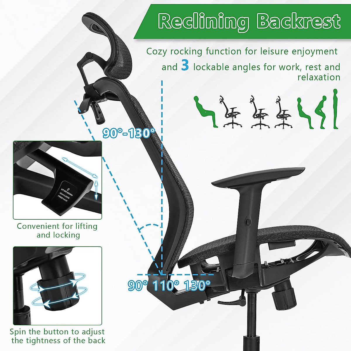 BestComfort High Back Mesh Office Chair, Ergonomic Executive Chair with Adjustable Reclining Angles, Lumbar Support, Headrest, Armrest, Swivel Rolling Computer Desk Chair with Coat Hanger (Black)