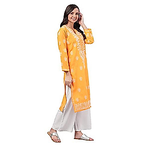 Ada Traditional Handcrafted Indian Chikankari Women's Cotton Kurta Kurti Tunic XS196540 Mustard