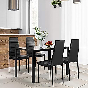 SLEERWAY Kitchen Dining Table Set for 4 People, Thickened Tempered Glass Desktop Kitchen Table and 4 Leather Chairs with Cushion, Modern Dining Room Sets for Small Space, 5 Pieces
