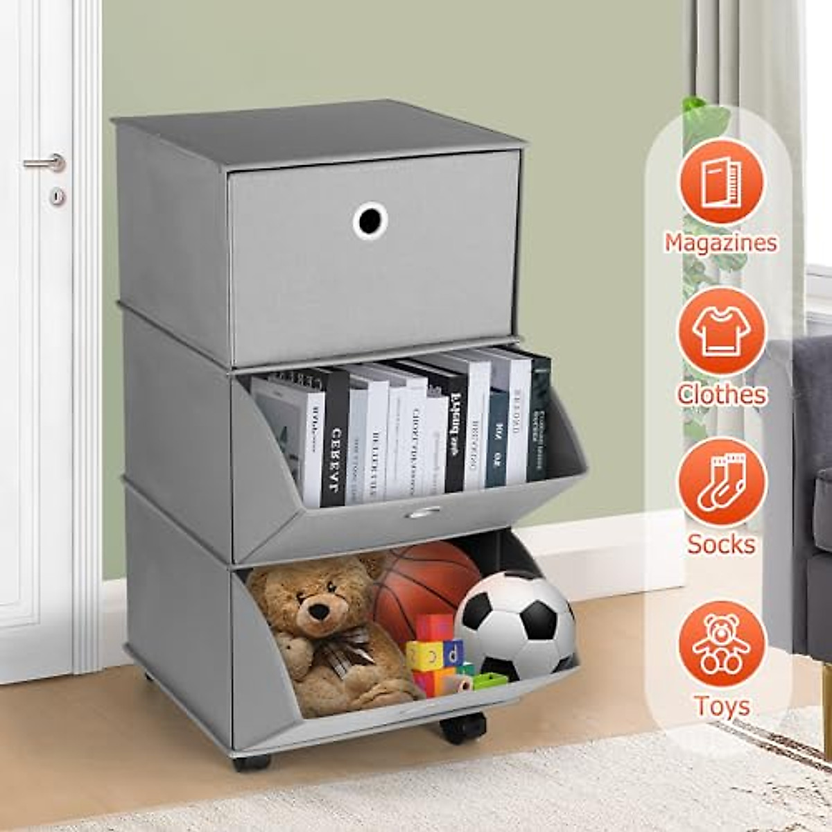 JOMOLA Rolling Storage Cart with 3 Drawers, Utility Cart with Wheels, Fabric Storage Cube Bin with Cover Collapsible Organizer Cart for Dresser Bedroom Dorm Home Office Mobile File Filing Cabinet Gray