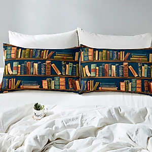 Erosebridal Bookshelf Comforter Cover for Teens, Library Bedding Set Retro Wooden Bookshelf Duvet Cover Full for Kids Boys Adult Bedroom, Academic Educational Theme Quilt Cover, Dark Blue Brown
