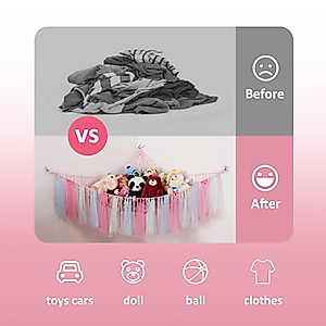 MKO SHUN Stuffed Animal Toys Hammock with LED Light, Stuffed Doll Hanging Corner Holder for Home Storage, Large Hanging Net -Display Teddies for Bedroom, Pink Decor Organizer