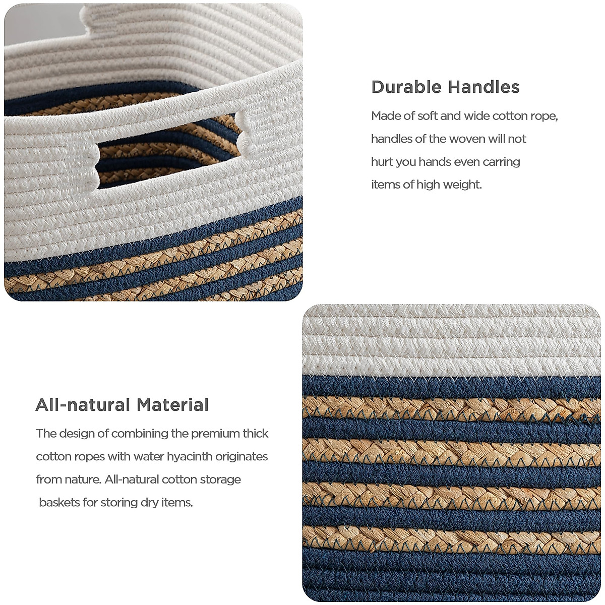 UBBCARE Set of 4 Storage Cubes 11 X 10.5 X 10.5 in, Water Hyacinth Storage Bins for Shelves, Toys, Book, Storage Baskets with Handles, Cotton Rope Woven Baskets for Organizing, Blue