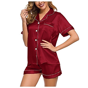 Aniywn Satin Pajamas Set Women's Loose Short Sleeve Sleepwear Button Down Loungewear Silk Pjs with Pockets Red
