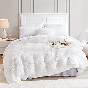 EHEYCIGA Faux Fur Duvet Cover, Ultra Soft Shaggy Fluffy Comforter Cover with Luxury Velvet on Reverse Zipper Closure 1PC (1 Duvet Cover, White, King)