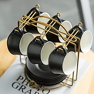 YHOSSEUN Coffee Cup Set Espresso Cups with Saucers Set with Cup Holder 4 oz Espresso Cup Set of 6 - Demitasse Cups Black