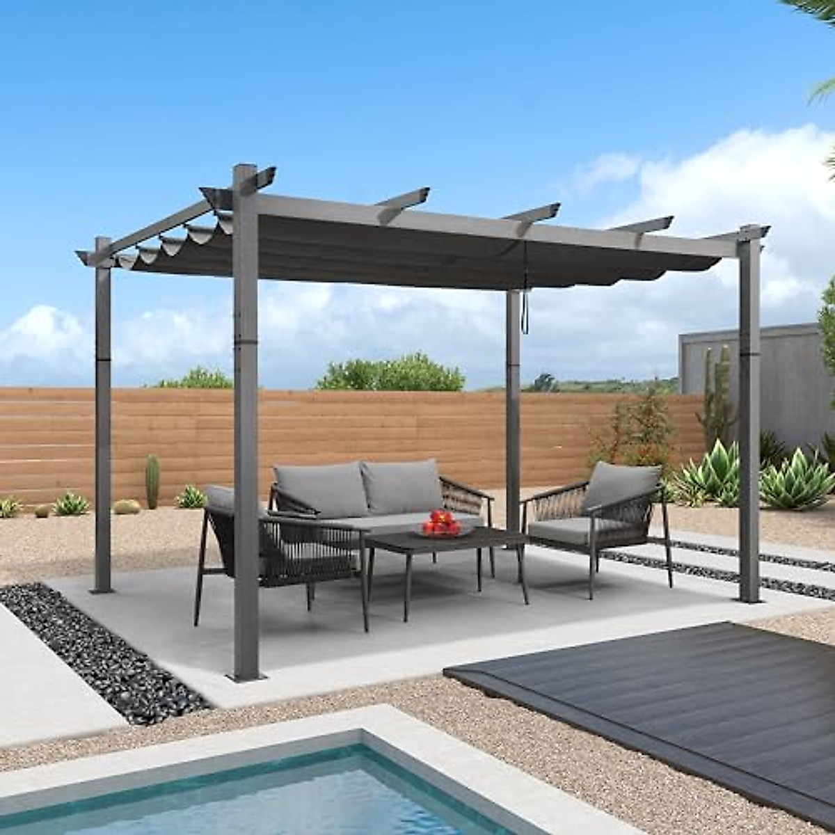 PURPLE LEAF 10' x 13' Outdoor Retractable Pergola with Sun Shade Canopy Patio Metal Shelter for Garden Porch Beach Pavilion Wood Grain Frame Gazebo Modern Yard Grill Pergola, Grey