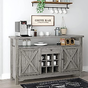 HOMBCK Wine Bar Cabinet, 47" Wine Cabinet with Barn Door, Wine and Glass Rack, Drawer, Adjustable Shelves, Farmhouse Wine Cabinet for Dining Room, Living Room, Washed Grey